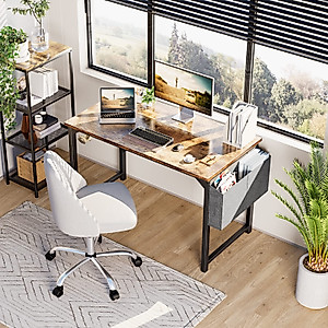 OLIXIS Computer Desk 48 Inch Home Office Writing Study Work Storage Bag Headphone Hooks Simple Wood Kids Student Table, Modern Rustic Brown