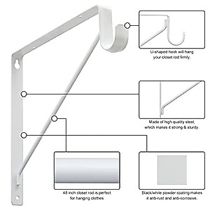 Closet Rod Brackets Heavy Duty with 48” Rod, Closet Shelf Brackets with Rod Holder, Closet Brackets for Both Shelf Storage and Closet Rod, White Closet Shelf Support Pole Holder, 3 Pack