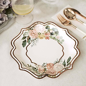 Tableclothsfactory 25 Pack | Floral 8" Scallop Rim Dessert Appetizer Party Paper Plates, Disposable Salad Plates - 300 GSM