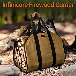 Infinicare Firewood Carrier with Handles - 2pcs Heavy Duty Canvas Firewood Bag with Handles | Durable Wood Carrier for Firewood | Suitable for Indoor Fireplace and Outdoor Camping - Brown & Black