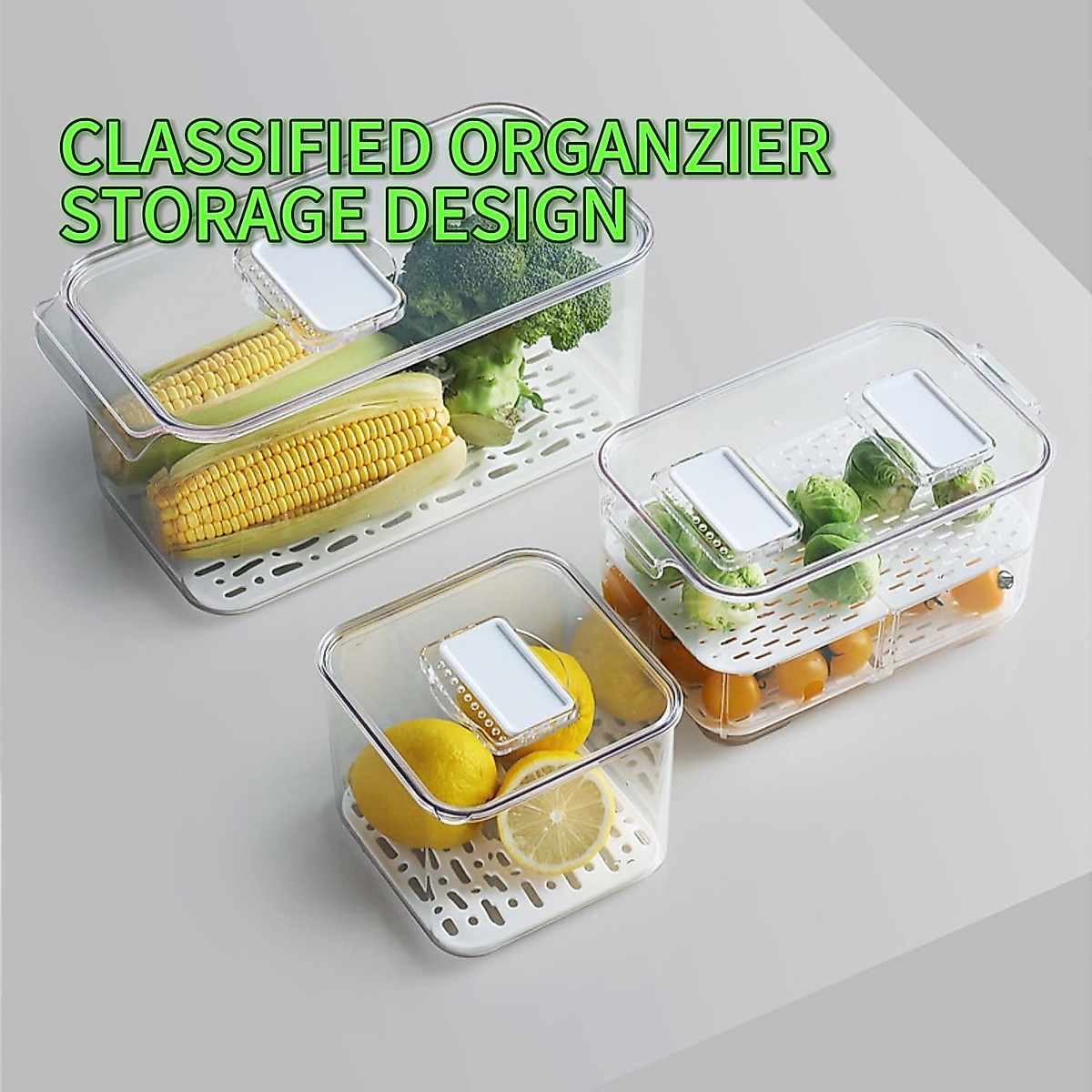 elabo Food Storage Containers Fridge Produce Saver- 3 Piece Set Stackable Refrigerator Organizer Keeper Drawers Bins Baskets with Lids and Removable Drain Tray for Veggie, Berry, Fruits and Vegetables