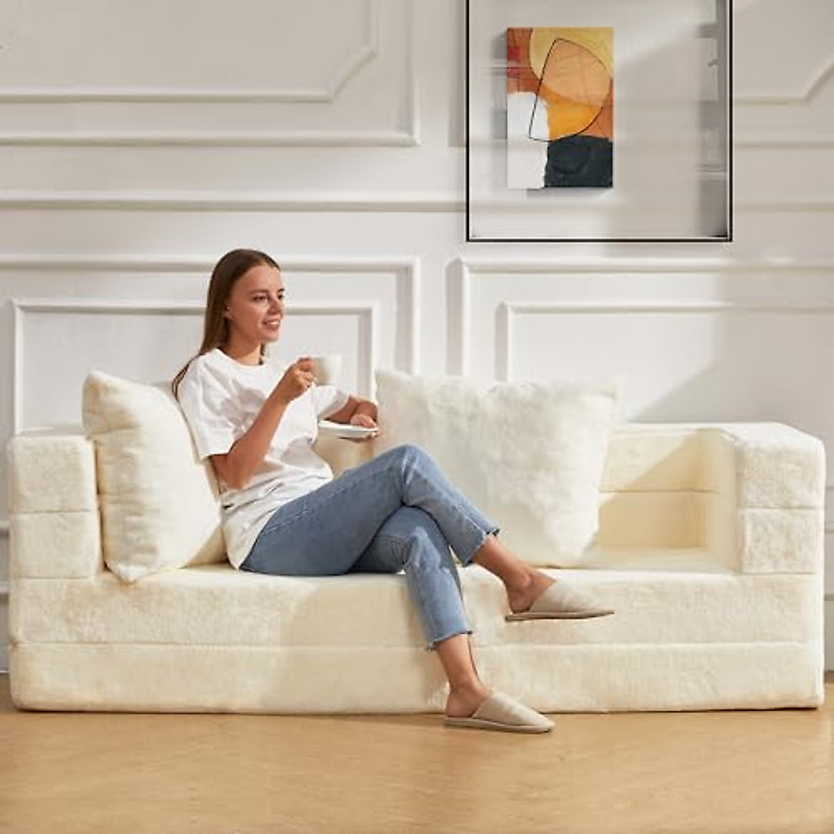 Cansunna Folding Bean Bag Chair for Adults,3-in-1 Bean Bag Couch Faux Fur Floor Sofa Large Beanbag Convertible Bean Bag Sofa Bed with Pillow,Bedroom,Living Room(Large,Milky White)