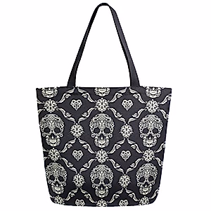 ZzWwR Chic Skull Ornamental Vintage Pattern Large Canvas Gym Beach Travel Reusable Grocery Shopping Tote Bag Foldable Handbag Portable Storage HandBags