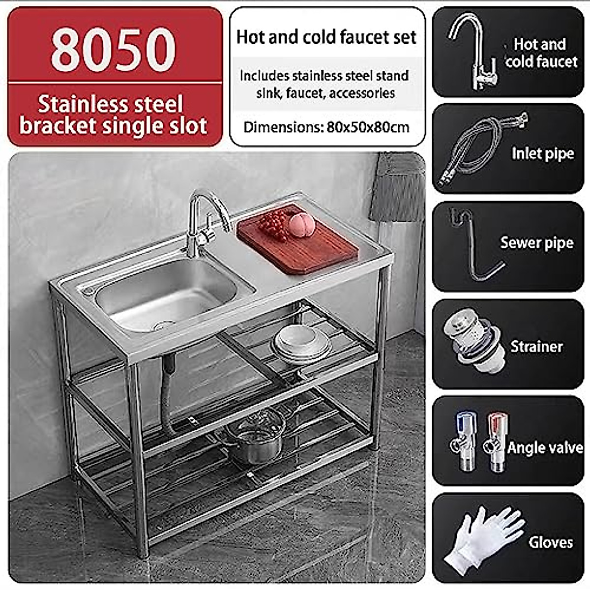 Kitchen sinks, stainless sink, sink tub,Stainless steel material, R angle design, thick mute pad, 360° hot and cold faucet, suitable for kitchen, bathroom, balcony, bar. (Color : Left, Size : 80 * 50