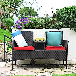 Tangkula Outdoor Rattan Loveseat, Patio Conversation Set with Cushions & Table, Modern Patio Furniture Set Wicker Sofa Set with Built-in Coffee Table, Rattan Sofas for Garden Lawn Backyard