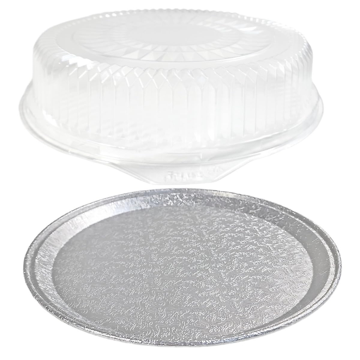 12" Round Flat Aluminum Foil Catering Tray w/Dome Lid - Disposable Cater Serving Pan (Pack of 10 Sets)