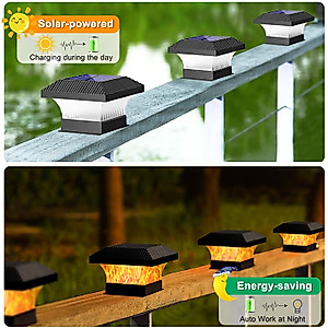 TomCare Solar Post Cap Lights Flickering Flame Solar Post Lights Outdoor Fence Lights Solar Powered Decorative Flame Solar Lights Waterproof Deck Lighting for Fence 4x4 6x6 Posts Patio Deck, 2 Pack
