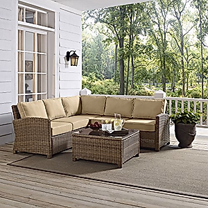 Crosley Furniture Bradenton 4-Piece Outdoor Sectional Sofa Wicker Conversation Patio Furniture Set for Deck, Brown with Sand Cushions
