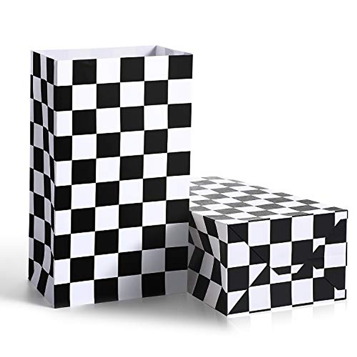 28 Pack Checkered Racing Treat Bags, Black and White Race Car Favor Bags, Kraft Paper Popcorn Boxes Goodie Bags Candy Bags for Monster Truck Cars Birthday Party Decorations