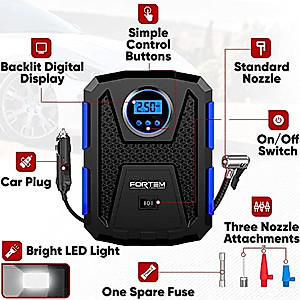 FORTEM Tire Inflator Portable Air Compressor 150 PSI, Bike Pump, 12V Electric Air Pump for Car Tires and Bicycles w/LED Light, Digital Tire Pressure Gauge w/Auto Pump/Shut Off, Carrying Case (Blue)