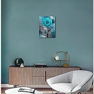 NINEASO Abstract Flowers Wall Art Teal Flower Canvas Pictures Rustic Blossom Canvas Painting for Bedroom Bathroom Wall Decor Modern Teal Grey Canvas Prints Contemporary Botanical Wall Art 12" x 16"