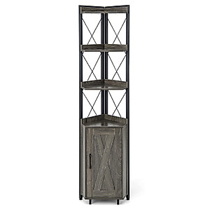 Tangkula Tall Corner Storage Cabinet, 71” Industrial 6 Tier Storage Shelf w/Door Cabinet, Corner Bookshelf Plant Stand, X-Shaped Metal Frame Standing Cabinet for Living Room, Small Spaces (Grey)