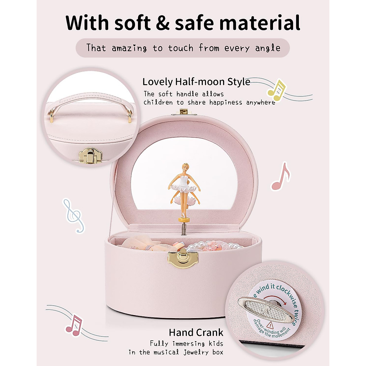 Vlando Musical Jewelry Box for Girls, Small Kid Music Box with Ballerina for Birthday Bedroom Decor, Gifts for Girls Kids - Light Pink