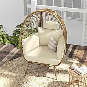 YITAHOME Outdoor Egg Chair, 370lbs Capacity Wicker Patio Basket Chair, All-Weather Oversized Stationary Egg Lounger Chair for Indoor Living Room Outside Balcony Backyard (Beige)