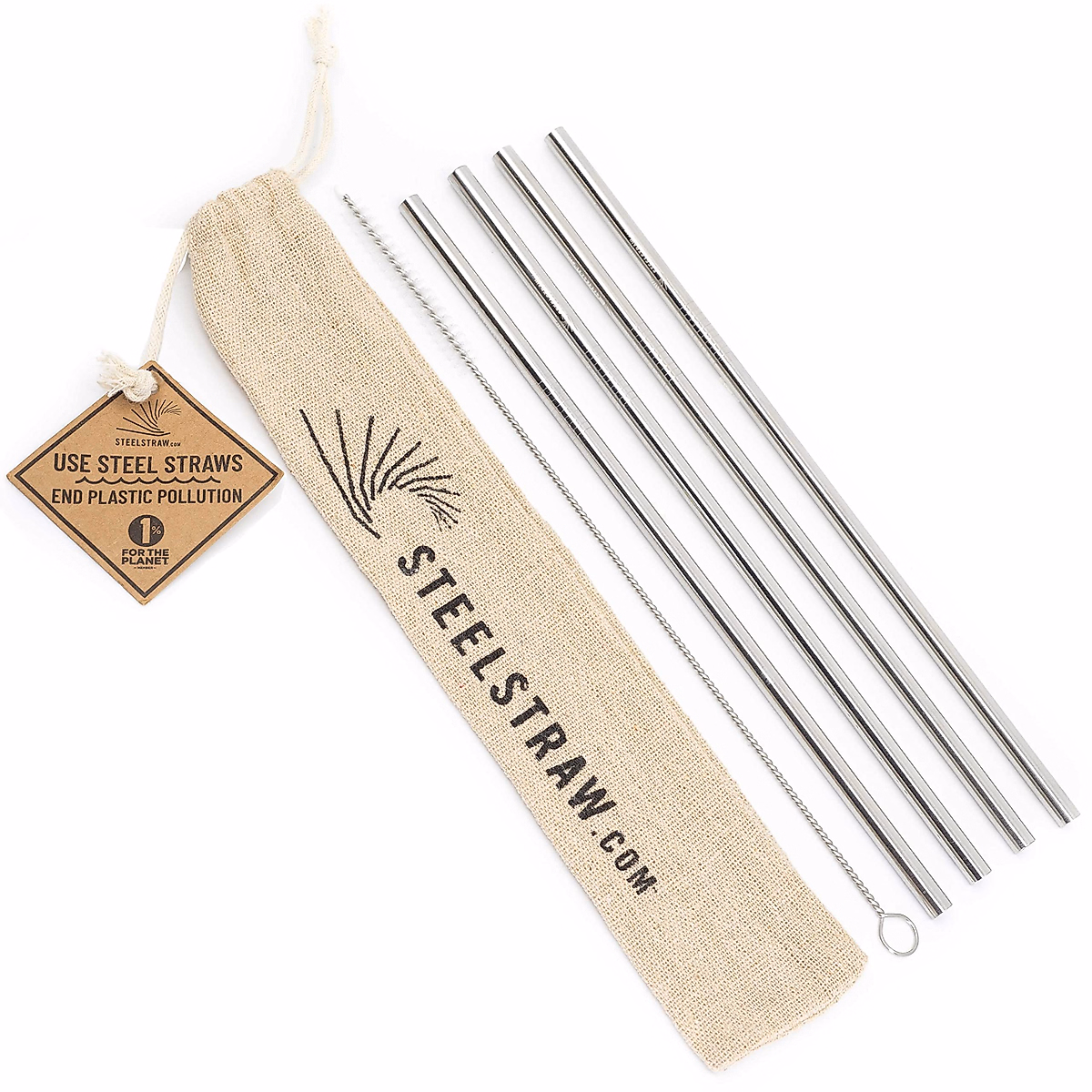 Metal Straws - 4 Reusable Stainless Steel Straws w/Cleaning Brush in Cloth Bag - Straight Straw fits 20 oz Tumblers