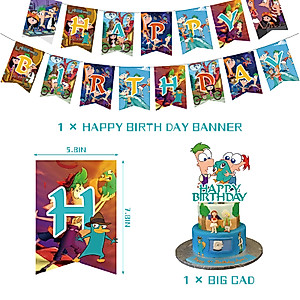 Birthday Party Decoration for Phineas Ferb, Include Cartoon Theme Birthday Banner, Cake Topper, Latex Balloons, Hanging Swirls, for Kids Birthday Party Supplies