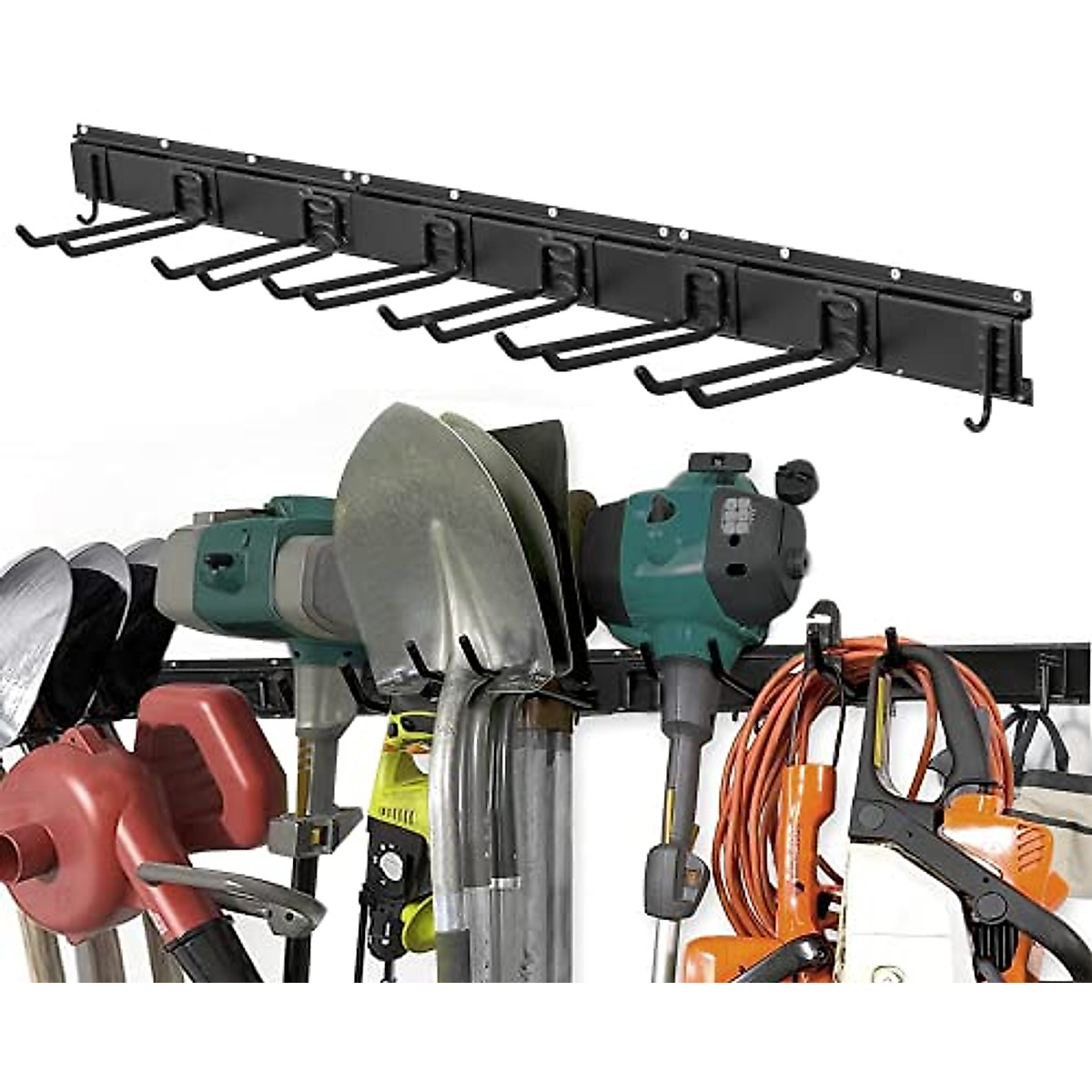 WMK Garage Tool Organizer Wall Mount, 11 PCS Garden Tool Rack with 8 Adjustable Heavy Duty Storage Hooks, Aluminum Tool Storage Racks 48 Inch, Max Load to 280lbs