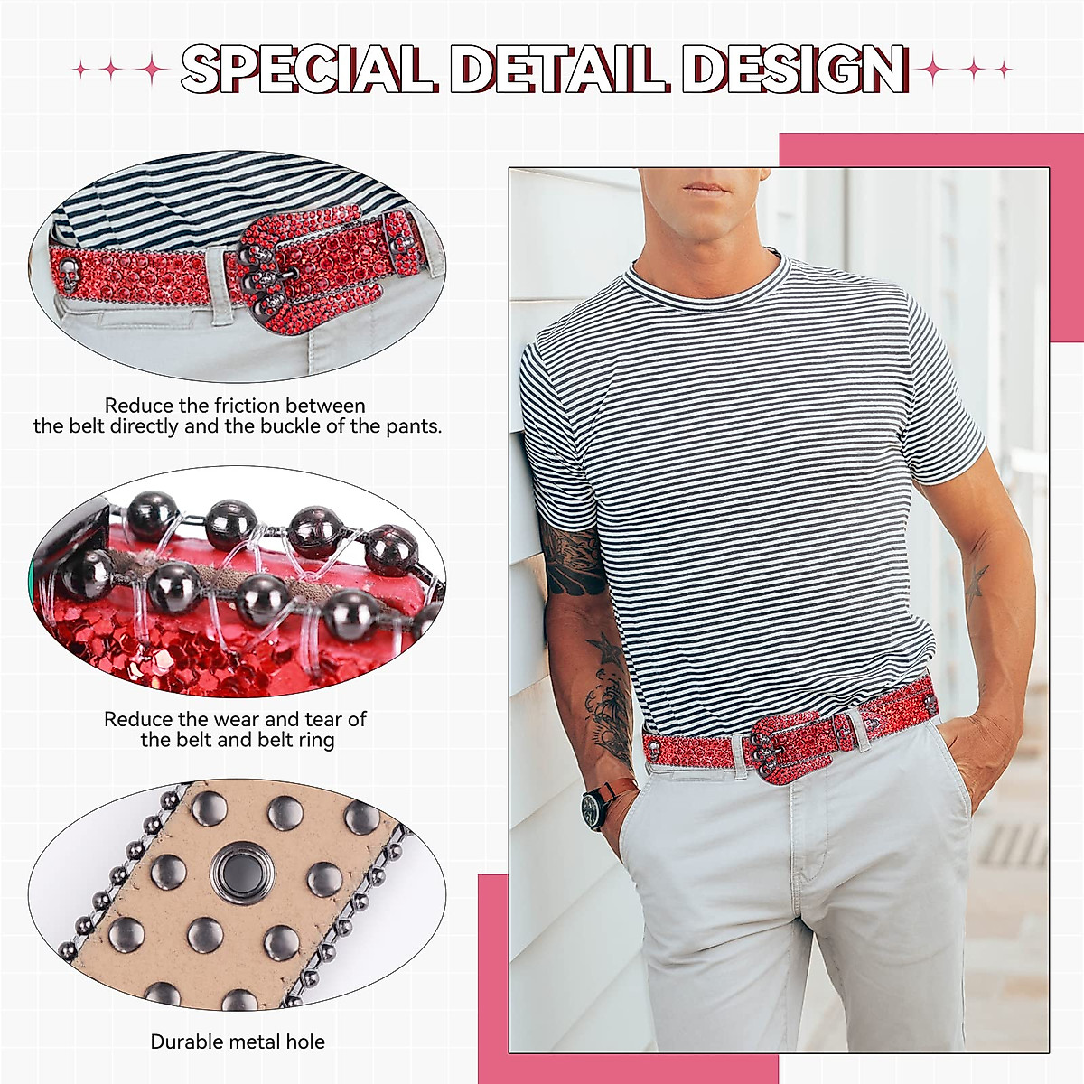 TINIDI Western Men Women Rhinestone Belts Bling Crystal Skulls Studded Diamond Leather Belt For Pants Jeans (42: fits waist from 30"-32", Red)