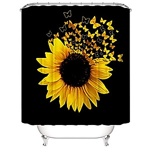 Yuaobeimei Golden Sunflower and Butterfly Floral Patterned Shower Curtain Set 4 Pieces 3D Printing Floral Bathroom Decor with Bath Rugs Mat,and 12 Hooks, 71x71inch