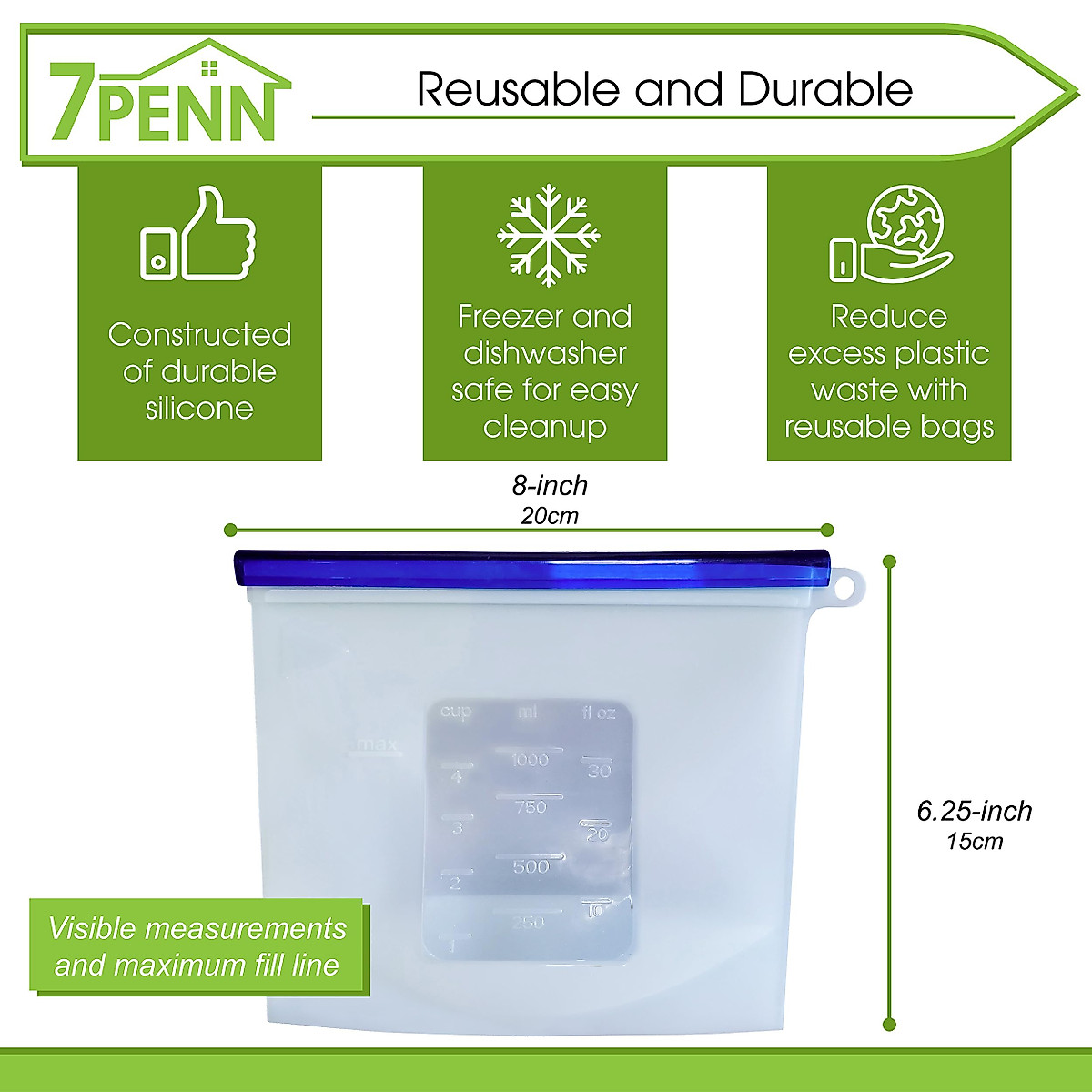 7Penn Silicone Food Storage Bag, 1000mL - 2pk Washable 8 x 6.25in Blue Reusable Food Bags for Sandwiches and Snacks