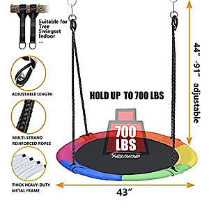 Hishine 43" Saucer Tree Swing for Kids, 360° Rotate Waterproof Flying Saucer Swing with Swivel, Hanging Straps, Adjustable Ropes, Round Mat Spinner Swing for Tree/Swing Set (Rainbow)
