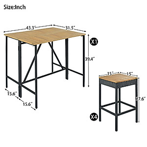 5-Piece Steel Outdoor Patio Wicker Bar Set, Garden PE Rattan Wicker Dining Table, Foldable Tabletop, Acacia Wood Tabletop with 4 Stools and 1 Wood Table. (Brown Wood + Black Wicker#1)