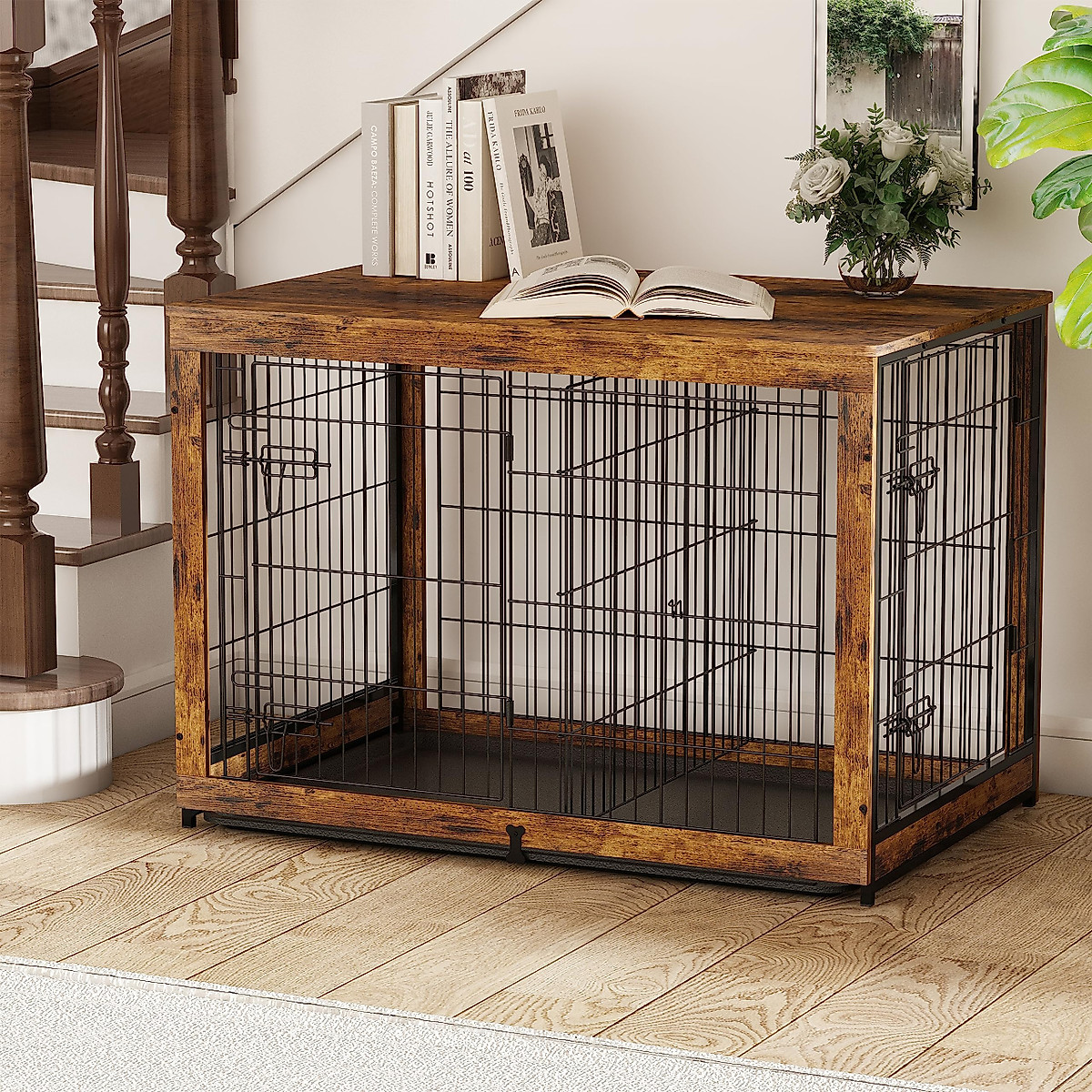 Piskyet Wooden Dog Crate Furniture with Divider Panel, Dog Crate End Table with Fixable Slide Tray, Double Doors Dog Kennel Indoor for Dogs(XL:43.2" L * 28.6" W * 30.3" H,Rustic Style)