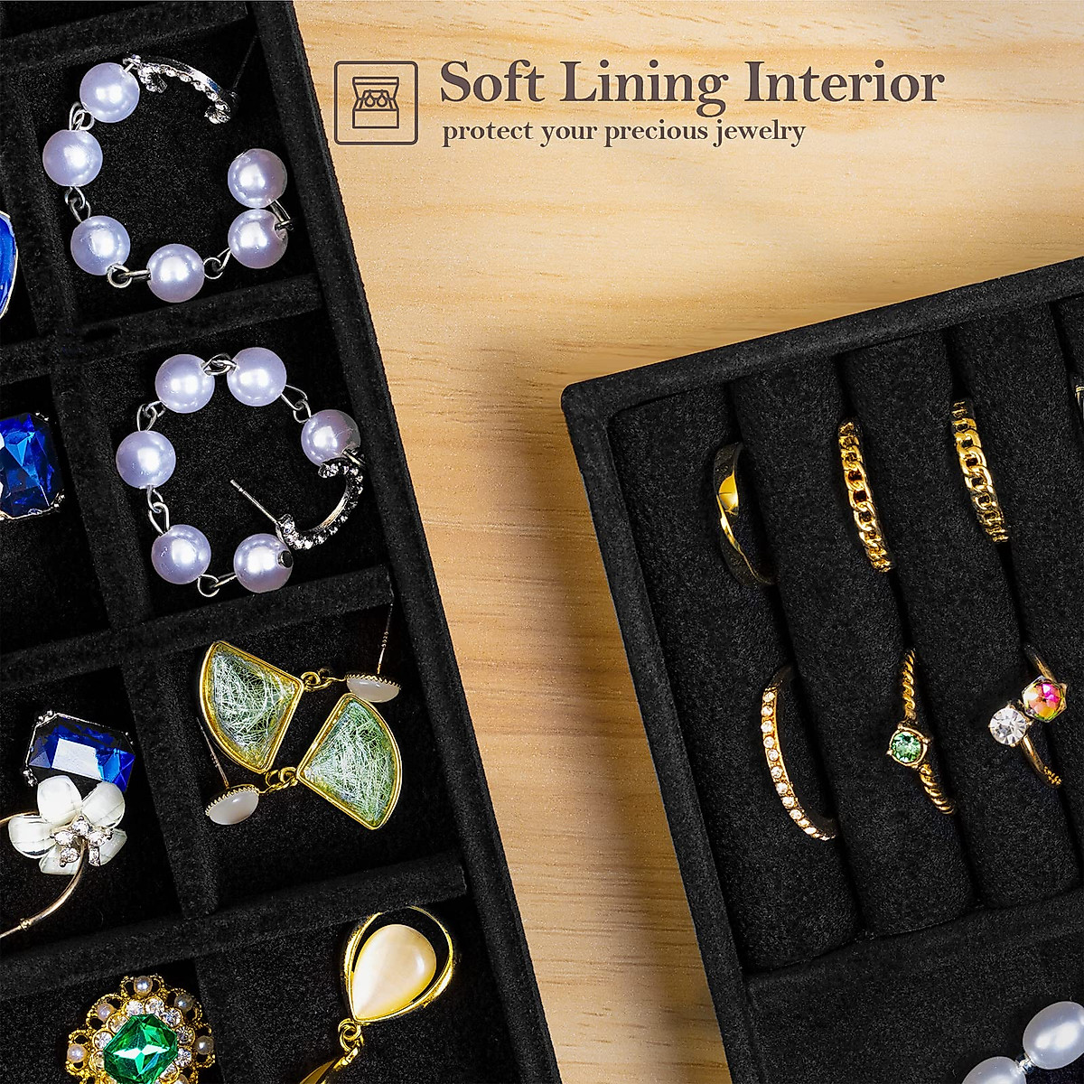 ProCase Stackable Jewelry Organizer Trays for Drawers, Jewelry Drawer Inserts Container Display Case Storage for Earring Necklace Rings Bracelet with Removable Dividers -Allblack, 4 Layers