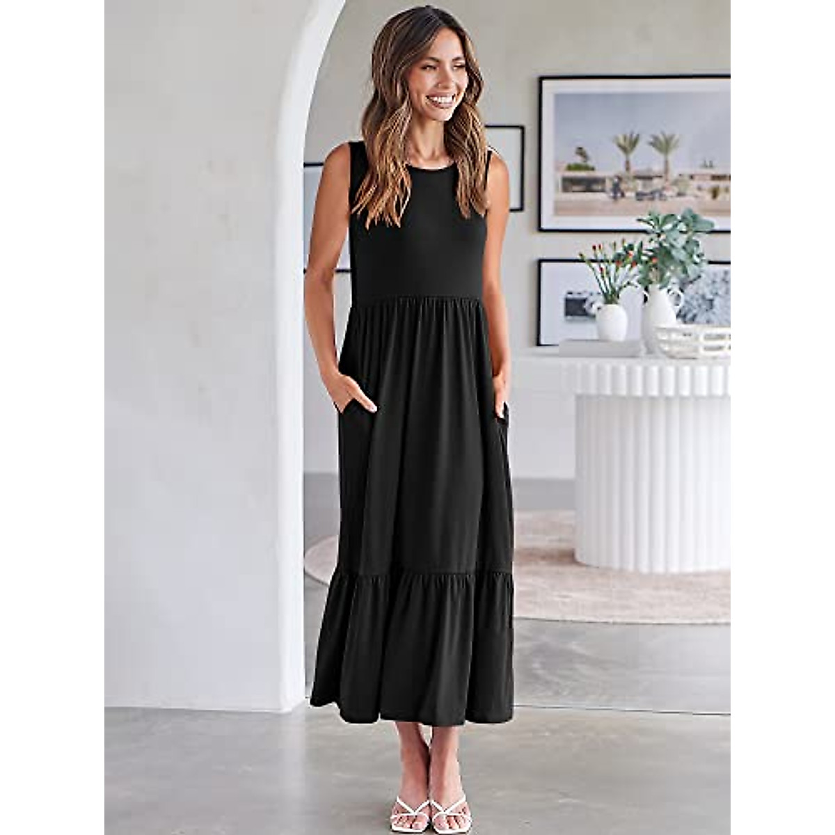ANRABESS Women's Casual Summer Sleeveless Ruffle Sundress Round Neck A-Line Pleated Maxi Dress with Pockets 499heise-XXL Black