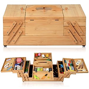 Adolfo Design Wooden Sewing Box Organizer for Sewing Supplies,Sewing Crafting Hobby Storage Box, 3 Tier Drawers for Craft Tools, Needles Assorted