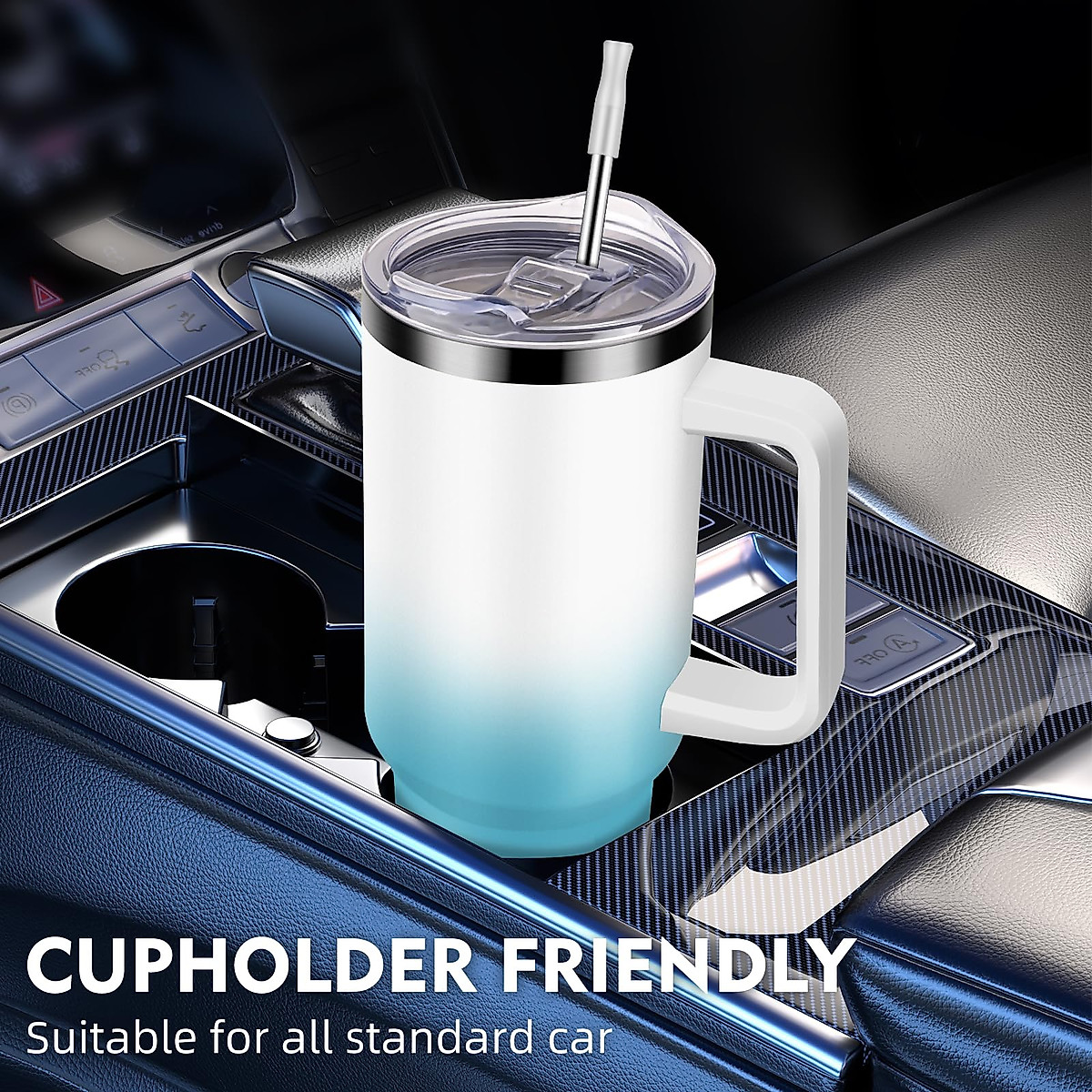 MaxBase 40 Oz Tumbler with Handle and Straw Lid, Insulated Reusable Stainless Steel Travel Mug Keeps Drinks Cold up to 34 Hours, 100% Leakproof Bottle (WhiteBlue)