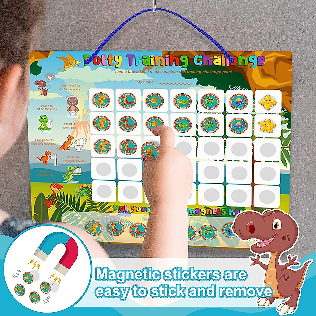 Potty Trainning Chart for Toddlers Fun Kids Toilet Incentives Sticker with 35Pcs Dino Potty Magnetic Reward Stickers