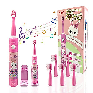 OJV 8620 Musical Electric Toothbrushes for Kids Children, 3 Modes 2 Min Timer, 6 Bristles Rechargeable Power Smart Sonic Music Play Song Toothbrush for Girls Age 3-14 with Wall Mounted Holder (Pink)