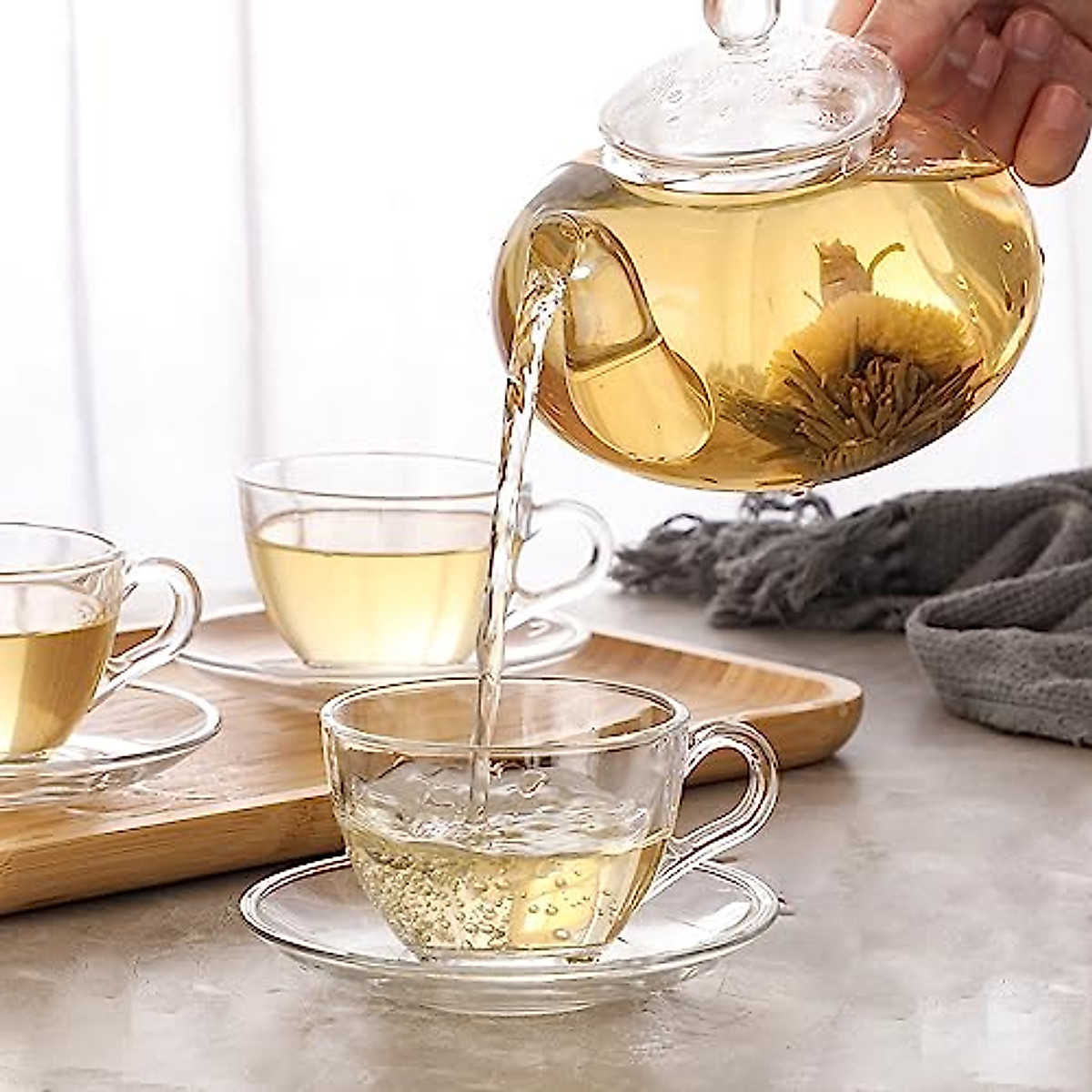 Glass Teapot Set, 40OZ/1200ml Stovetop Safe Glass Tea Kettle with Removable Infuser & Tea Warmer, Tea Cups and Saucers Set of 4, Blooming Tea & Loose Leaf Tea Maker Set for Women