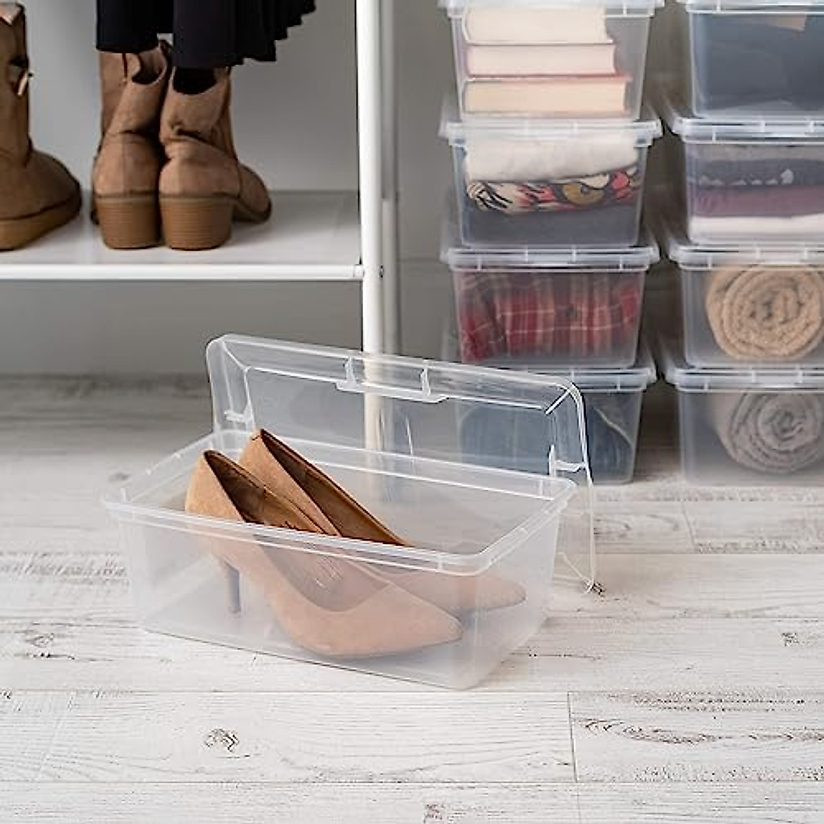 IRIS USA 6.7 Qt. Plastic Storage Container Bin with Latching Lid, 12 Pack, Stackable Nestable Shoe Box Tote Shoebox Closet Organization School Art Supplies - Clear