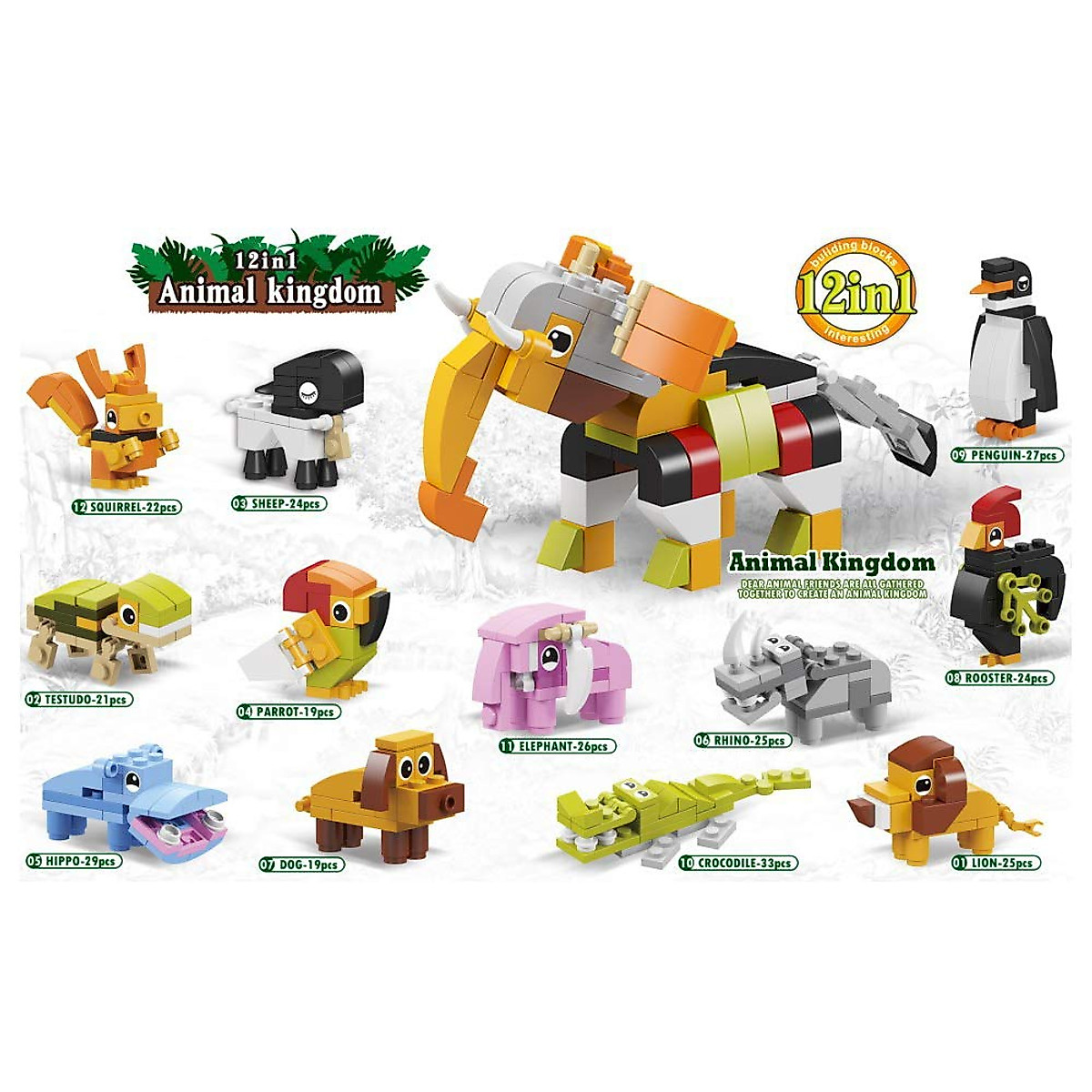 Cyeah 12 in 1 Mini Animal Building Block Set,Stem Building Brick Animal Kingdom Zoo Toys for Kids
