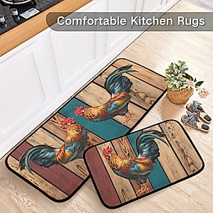 Kitchen Rugs Set 2 Piece Roosters Farmhouse Non Slip Bathroom Floor Mats Anti-Fatigue Washable Carpet Doormat - 27"x19"+47"x19"