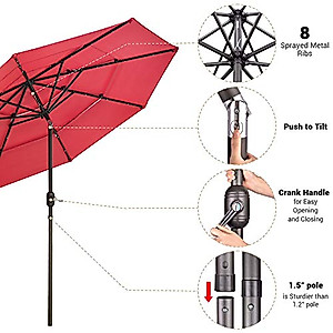 Yescom 9ft 3 Tier UV70+ Solar Powered Patio Umbrella with LED Crank Tilt Button Aluminum Outdoor Home Garden Yard Deck