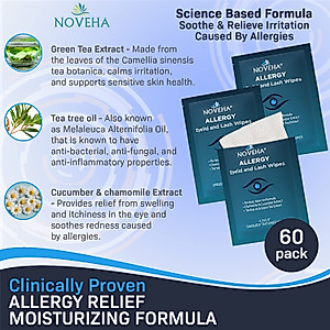 NOVEHA 60Pcs Allergy Relief Eyelid Wipes | Pre-moistened Hypoallergenic Eye Cleansing Pads, Reduce Itchiness, Redness & Discomfort Caused By Allergy, Clean, Soothe & Remove Debris (1 Pack)