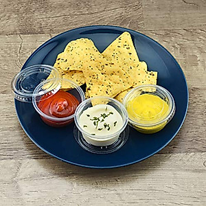 NYHI 100-Pack Jello Shot Cups with Lids - 2 Ounce Clear Plastic Containers with Leak-Proof Lids -Jello Shooter Shot Cups -Compact Food Storage for Portion Control, 2 oz,Sauces, Liquid, Dips