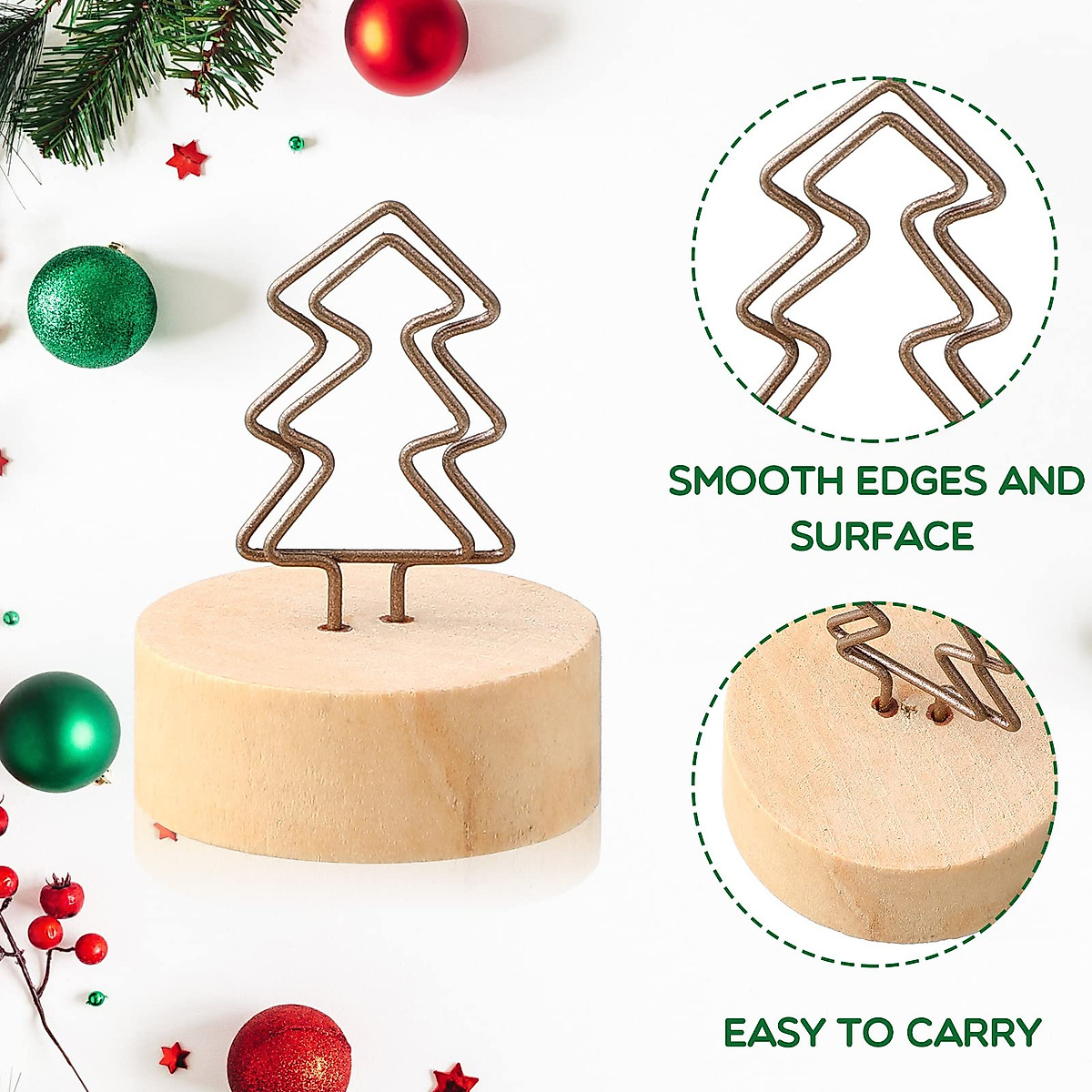 50 Pcs Christmas Wood Place Card Holders Wooden Base with Christmas Tree Rustic Iron Wire Clip Wooden Table Memo Photo Picture Number Sign Stands Holder for Party Xmas Wedding Table Decor