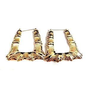 Bamboo Hoop Earrings Silver or Gold Tone Earrings 3 inch Puffy Square Hoops (Gold)