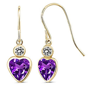Gem Stone King 14K Yellow Gold Purple Amethyst and White Diamond French Wire Dangle Hook Earrings For Women (3.66 Cttw, Gemstone February Birthstone, Heart 6MM, Round 3MM)