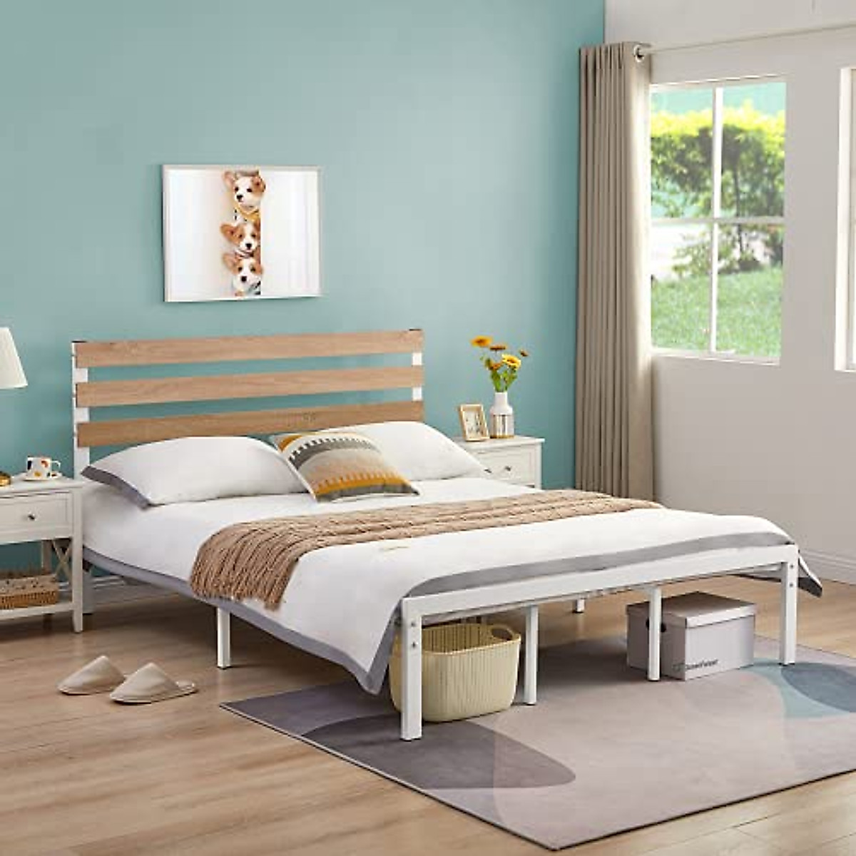 GreenForest Bed Frame Queen Size with Wooden Headboard Platform Bed with Metal Support Slats and Twin Bed Frame Tool-Free Assembly Metal Platform