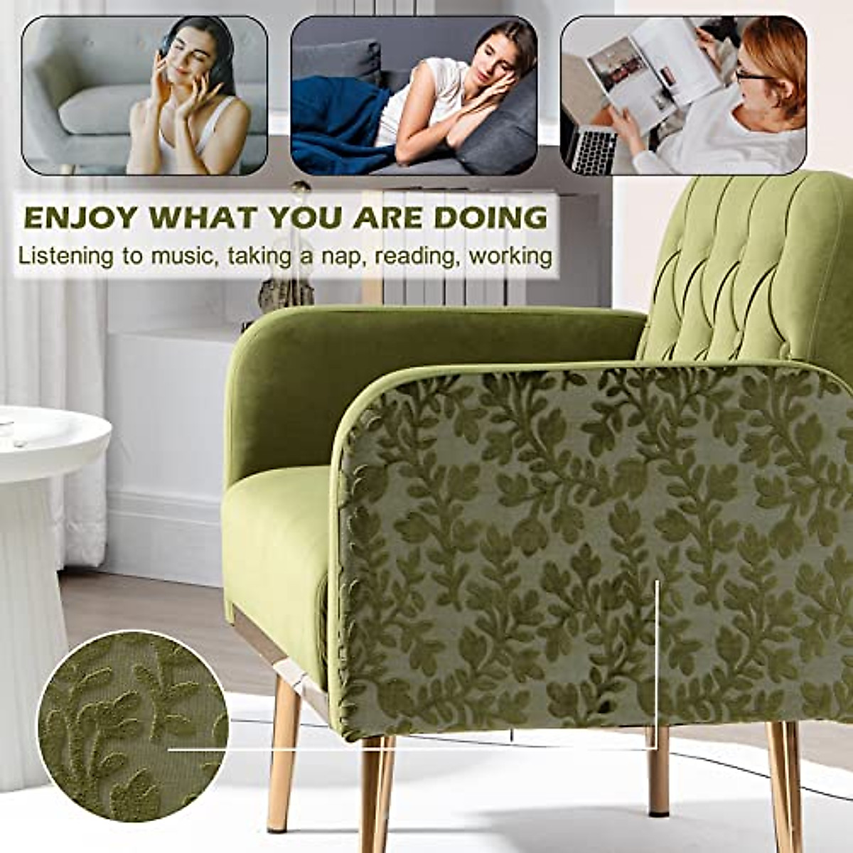 Velvet Living Room Chairs Accent Chairs Set of 2 Mid Century Modern Single Sofa Reading Chair Comfy Upholstered Button Tufted Armchair for Bedroom with Rose Golden Metal Legs Flowers (2pcs Green)