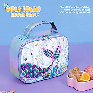 Sequins Mermaid Lunch Box- Insulated Bento Lunch Box for Kids Girls Lunch Bag School Preschool Picnic Camping Blue Polyester Lunch Tote Bag with Handle and Pocket Waterproof Reusable