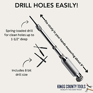 Kings County Tools Classic Yankee Style Push Drill | 8 Double Fluted Bits Included | Chrome Plated Solid Brass Material | No Chuck Necessary | Ideal for Tight Areas