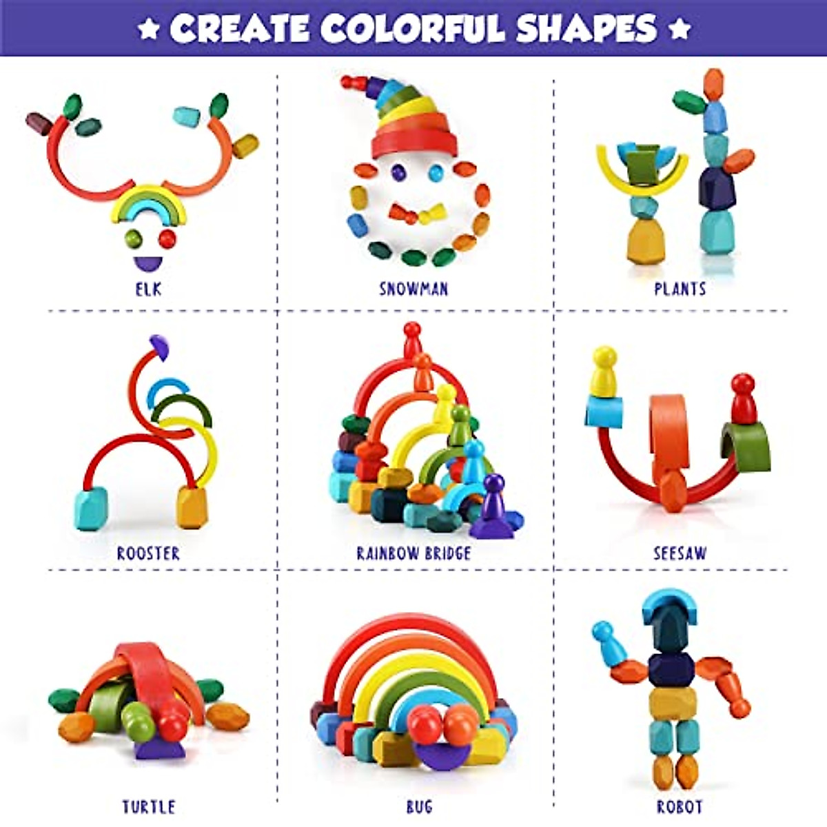 TOY Life 38 PCs Wooden Rainbow Stacking Toys, Montessori Toys for 3 4 Years Old, Stacking Toddler Blocks, Stacking Stones, Rainbow Stacker, Stacking Rocks, Wooden Blocks for Toddlers Kids, Peg Dolls