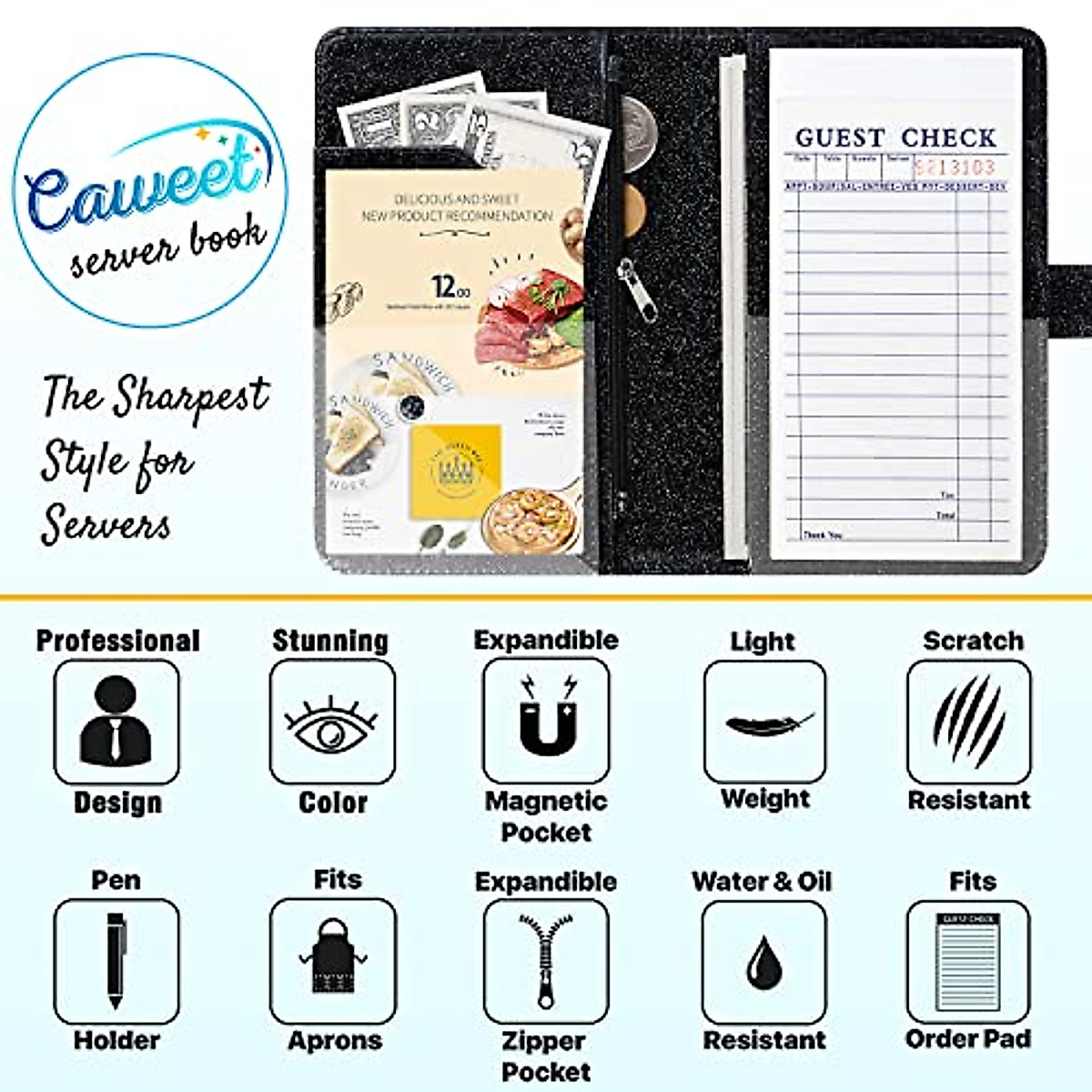 Server Book for Waitress-Leather Waitress Book Organizer with Zipper Pocket Cute Waiter Book Server Wallet with Magnetic Closure, Glitter Black