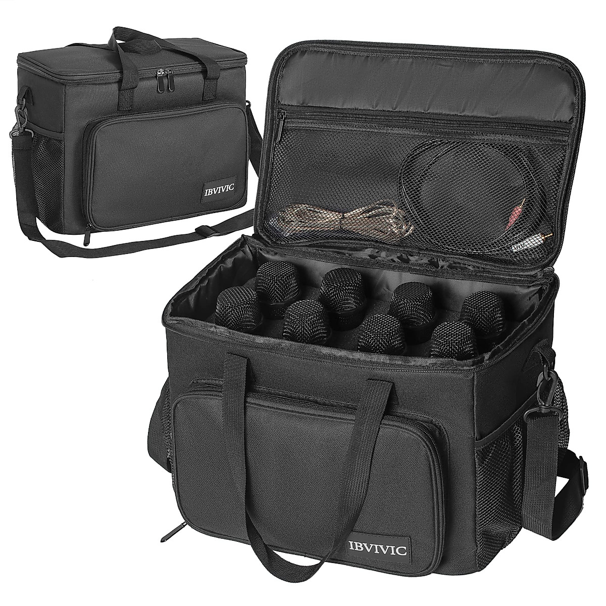 IBVIVIC 8 Slots Wireless Microphone Case with Foam, 1680D Heavy Duty Oxford Fabric Microphone Bag with Shoulder Strap, BLACK